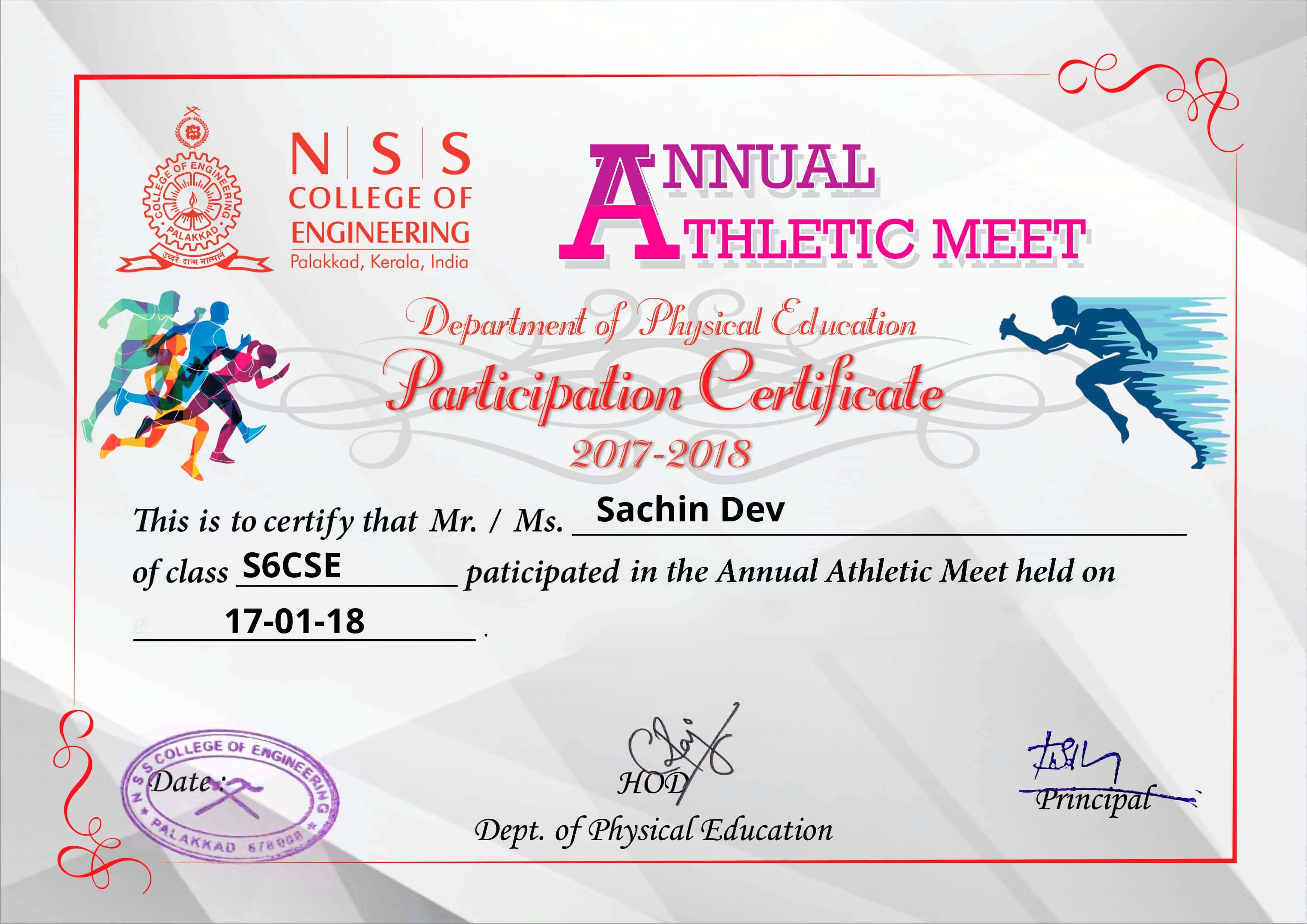 NSS Annual Athletic Meet Certificate Certificate Issuer The 